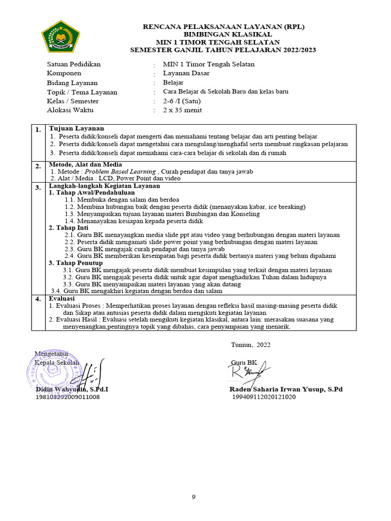 Satuan Layanan:rpp BK 2022-2023 | PDF | Karier & Perkembangan | Bisnis