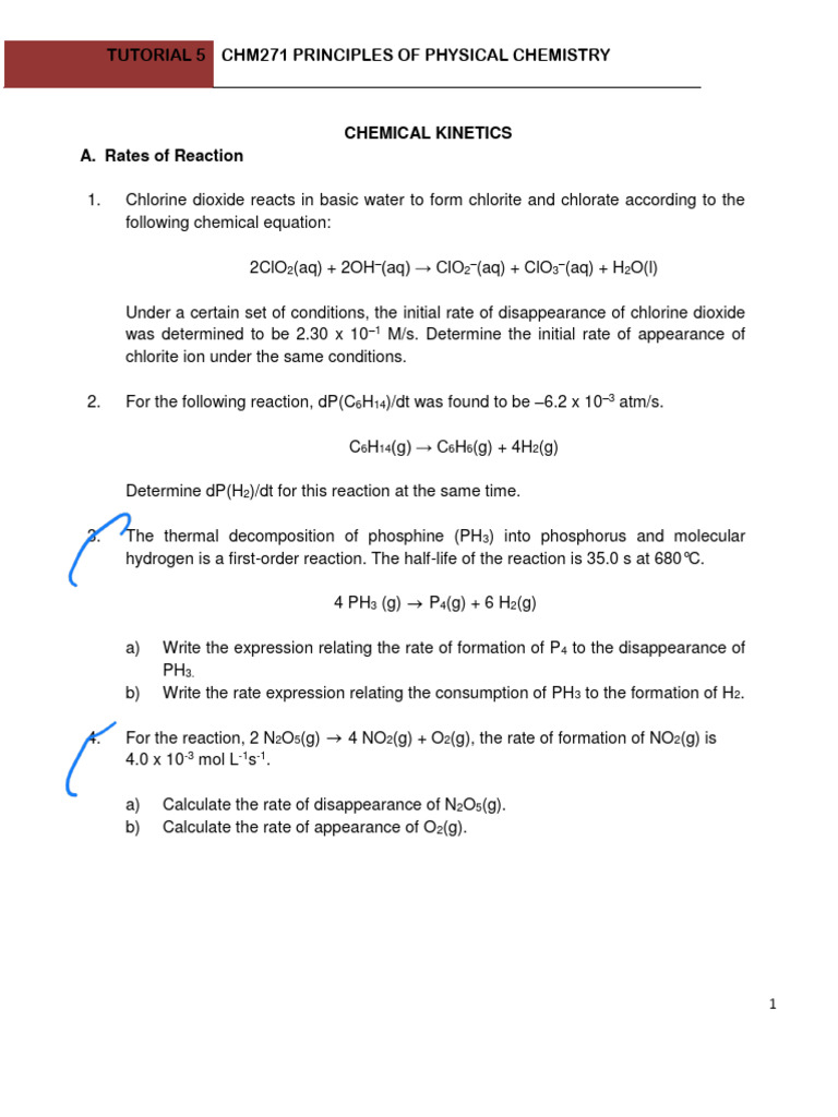Chm271 - Tutorial 5 - Chemical Kinetics | PDF | Catalysis | Chemical Reactions