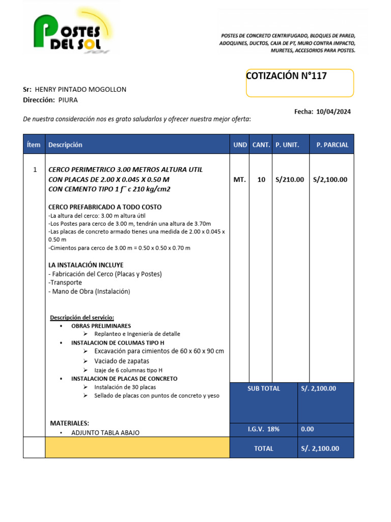 Cotizacion 3 Metros HENRY PINTADO | PDF | Hormigón | edificio