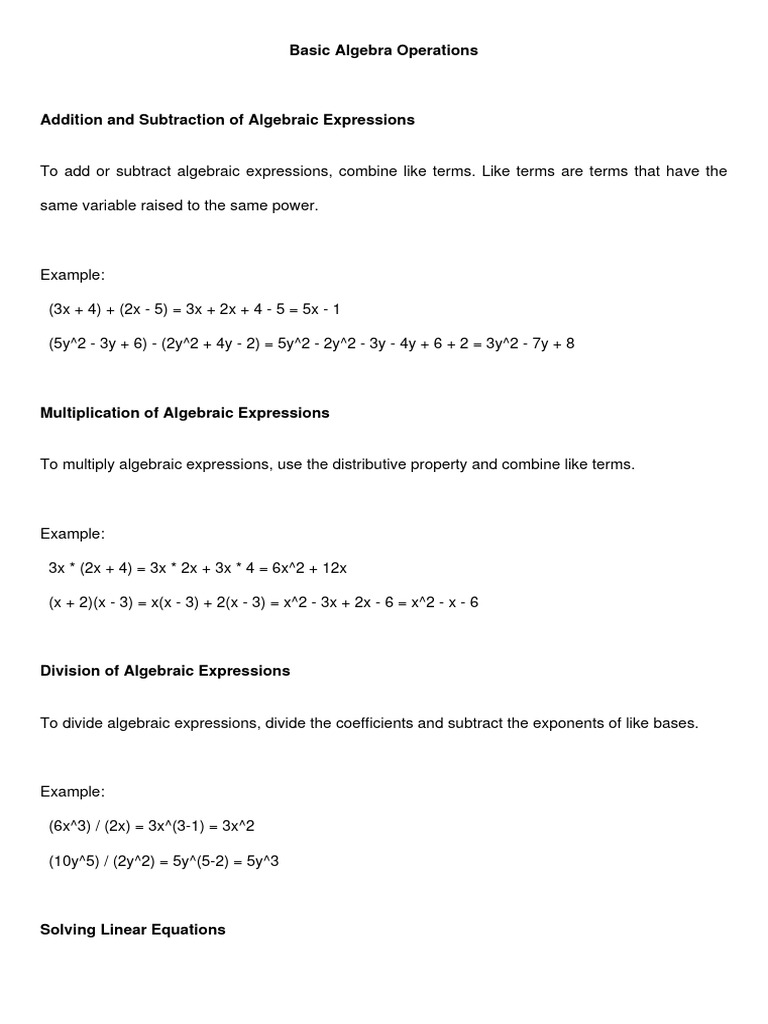 Basic Algebra Operations | PDF | Teaching Methods & Materials