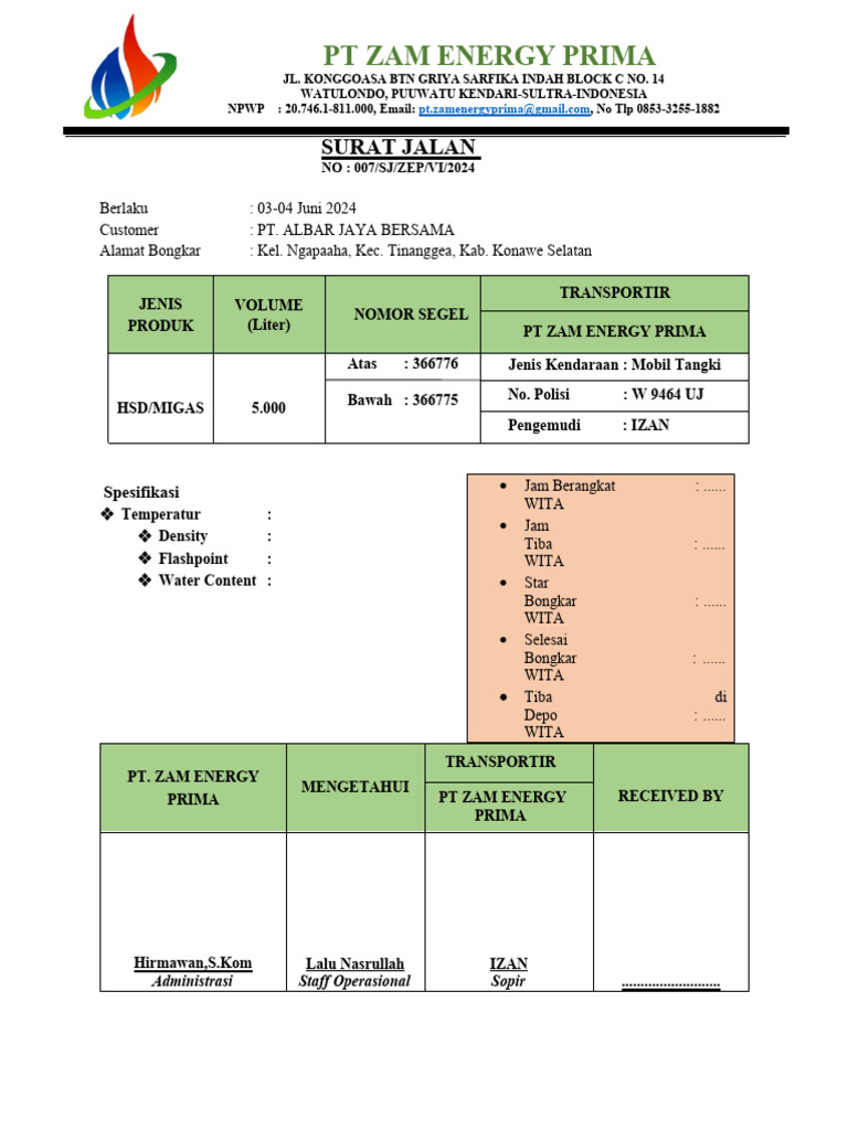 Surat Jalan PT Zam Energy Prima (Harmawan) | PDF