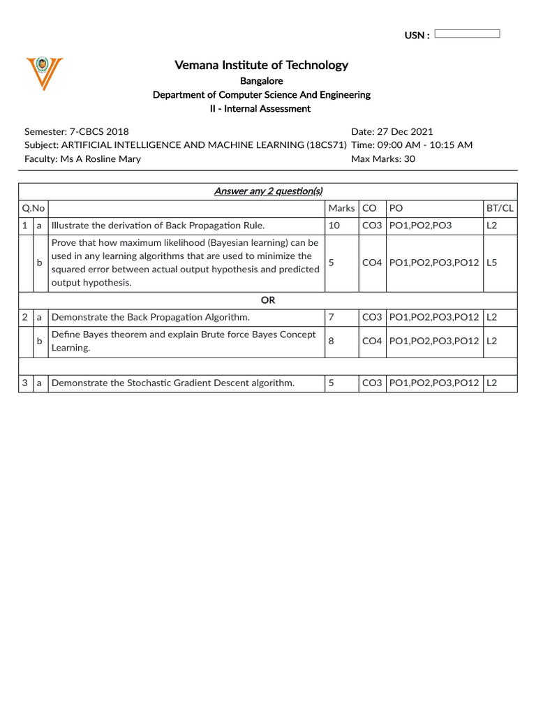 18CS71 Ia2 QP | PDF | Machine Learning | Learning