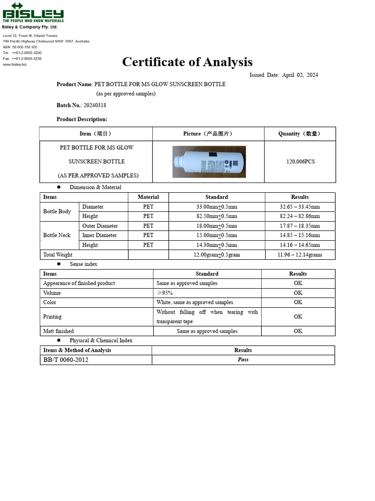 COA - PET Bottle | PDF