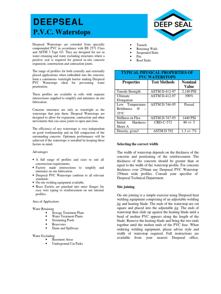 Deepseal PVC Waterstops Overview | PDF | Concrete | Building Engineering