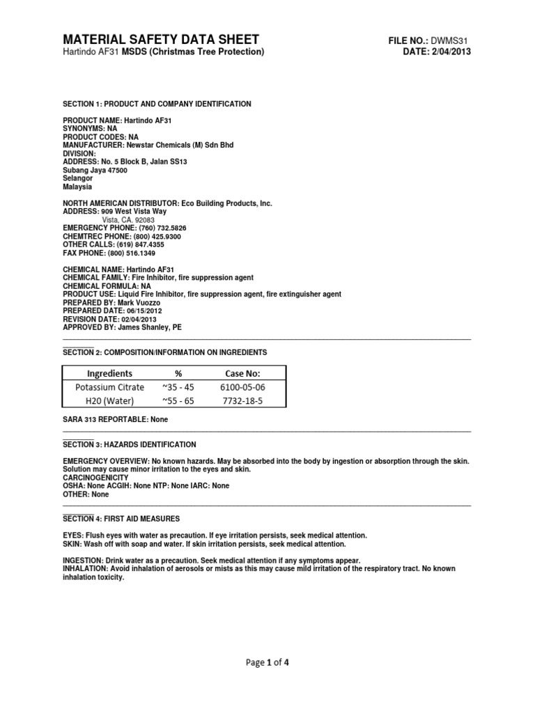 MSDS Hartindo AF31 | PDF | Dangerous Goods | Waste
