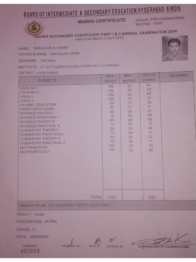 Intermidiate Mark Certificate | PDF