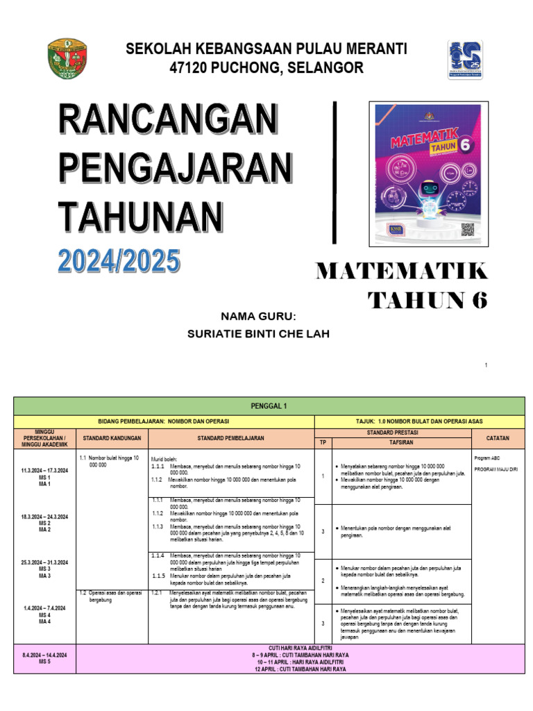 Rpt Math Tahun 6 2024_2025 | PDF