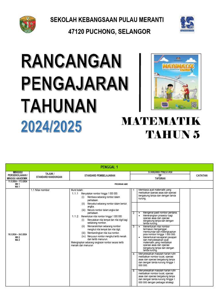 RPT Math Tahun 5 2024 - 2025 | PDF