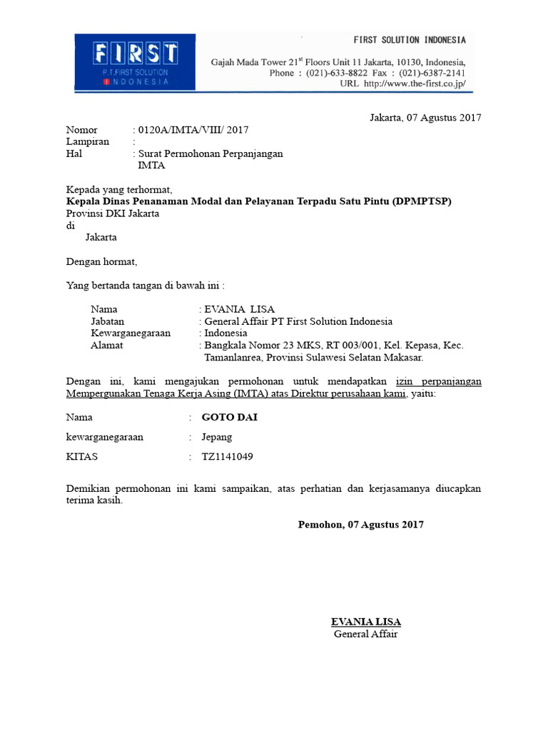 Surat Permohonan Perpanjangan Imta GOTO DAI | PDF