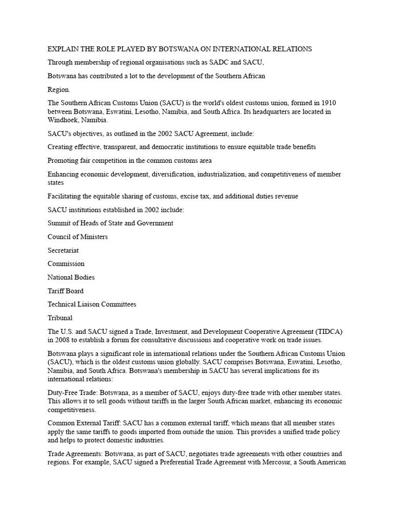Explain The Role Played by Botswana On International Relations | PDF | International Relations ...