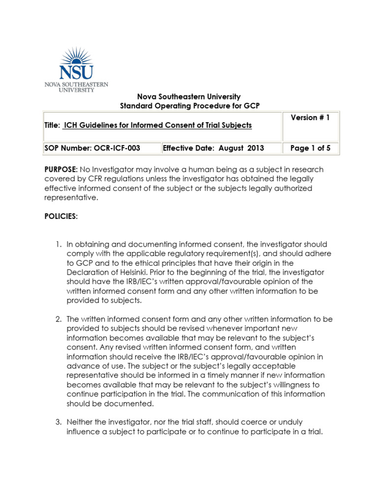 Informed Consent SOP for Clinical Trials | PDF | Informed Consent | Institutional Review Board
