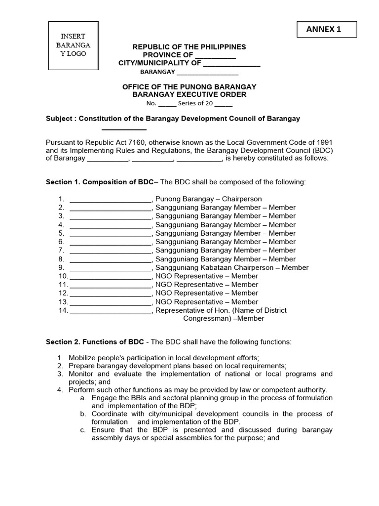 EO Constitution of The Barangay Development Council | PDF | Government