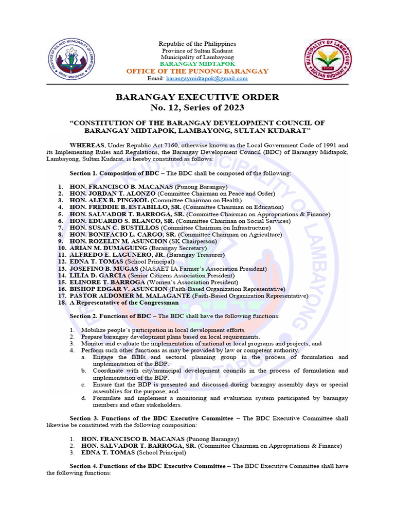 EXECUTIVE ORDER 012 Constitution of The Barangay Development Council ...