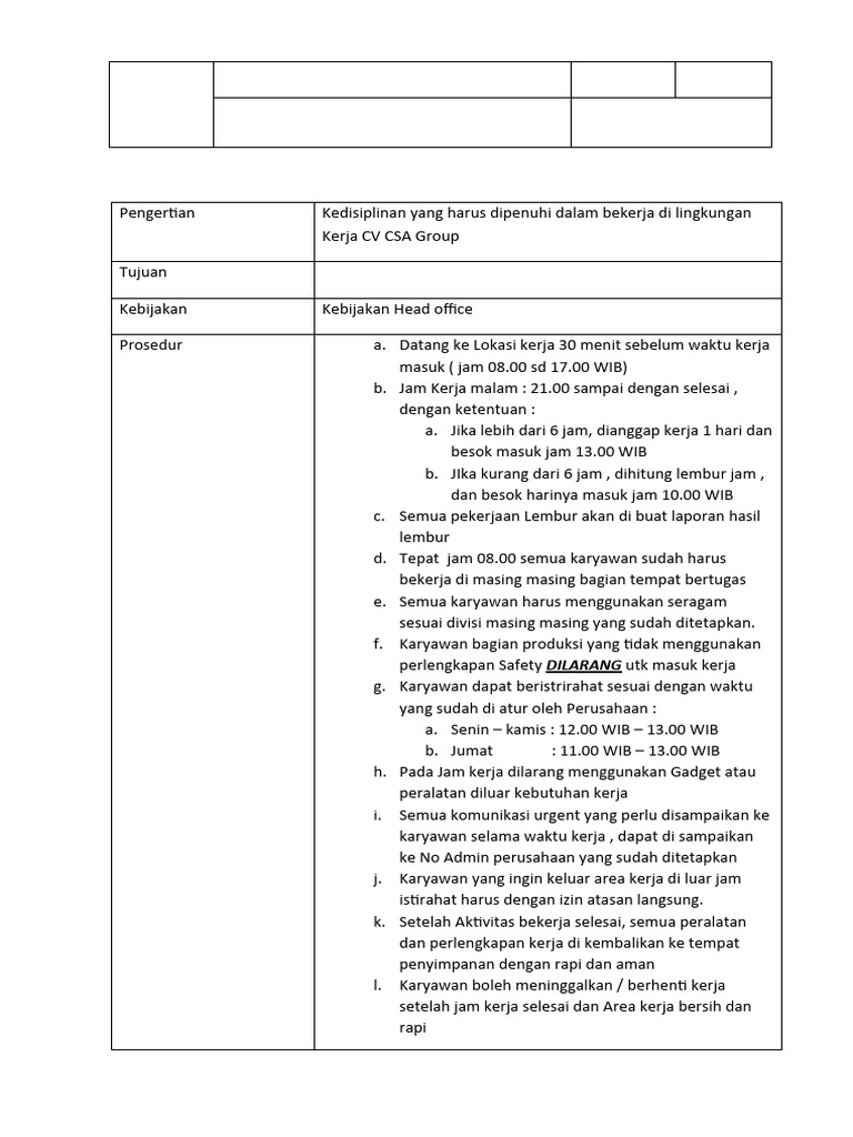SOP Kedisiplinan Kerja | PDF