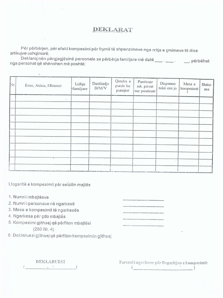 Deklarat Per Kompensime Ushqimore | PDF