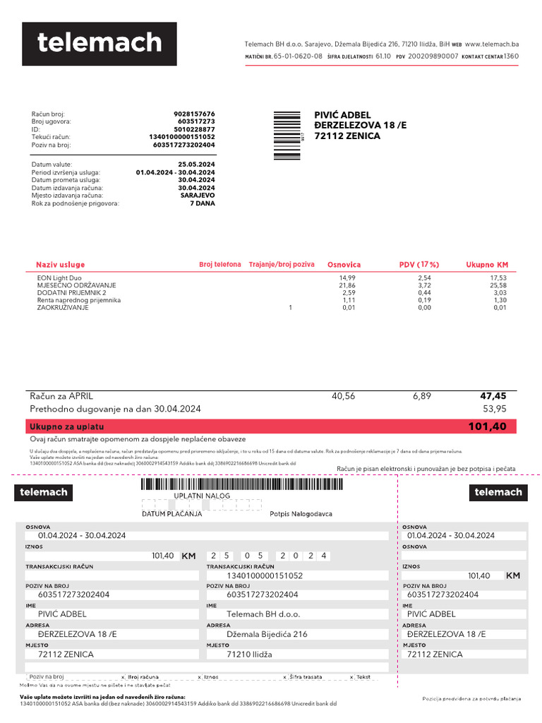 Račun za TELEMACH usluge, 4.2024 | PDF