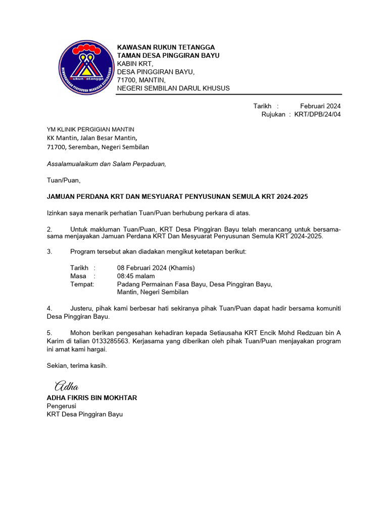 Jemputan KRT 8 Feb - Ym Klinik Pergigian Mantin | PDF