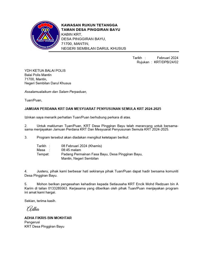 Jemputan KRT 8 Feb - KPB Mantin | PDF