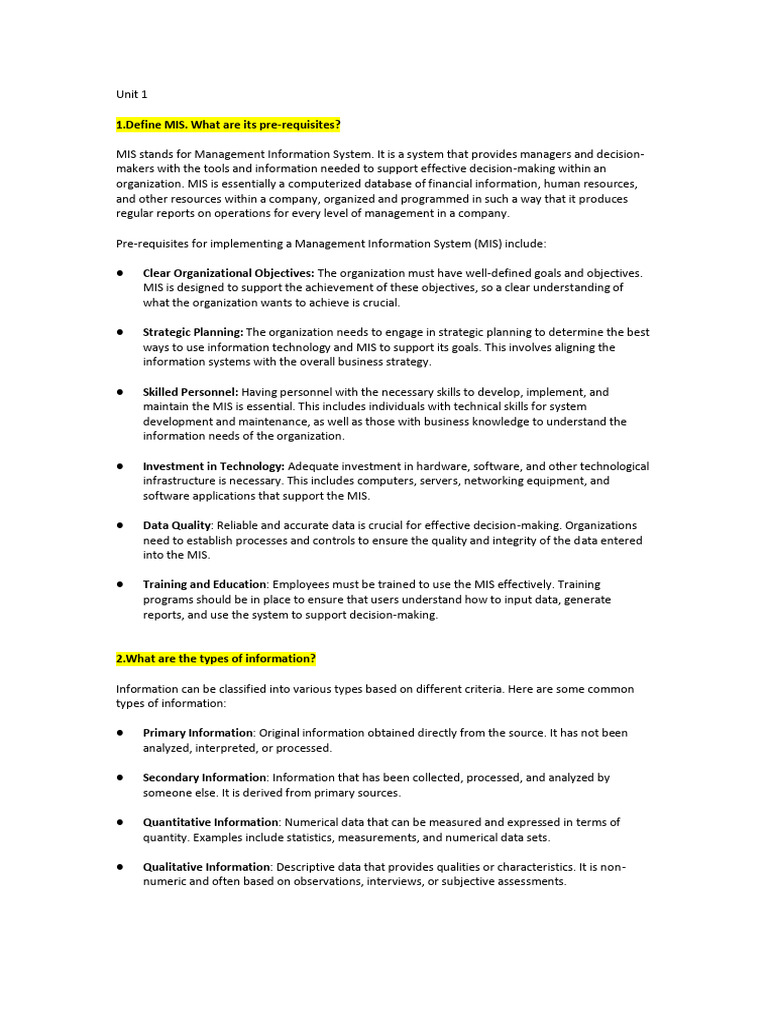 MIS Unit 1 | PDF | Management Information System | Information