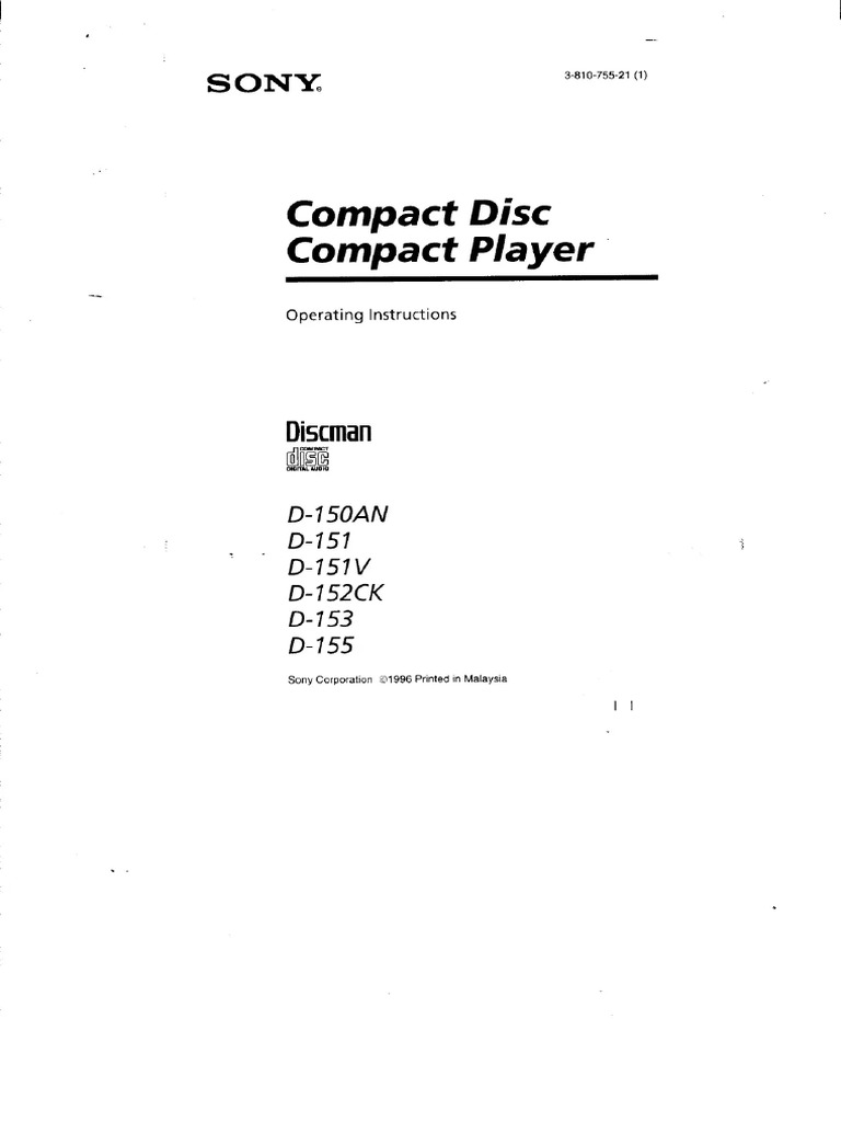 Manuale Sony Discman D-151 (6 Pagine) | PDF