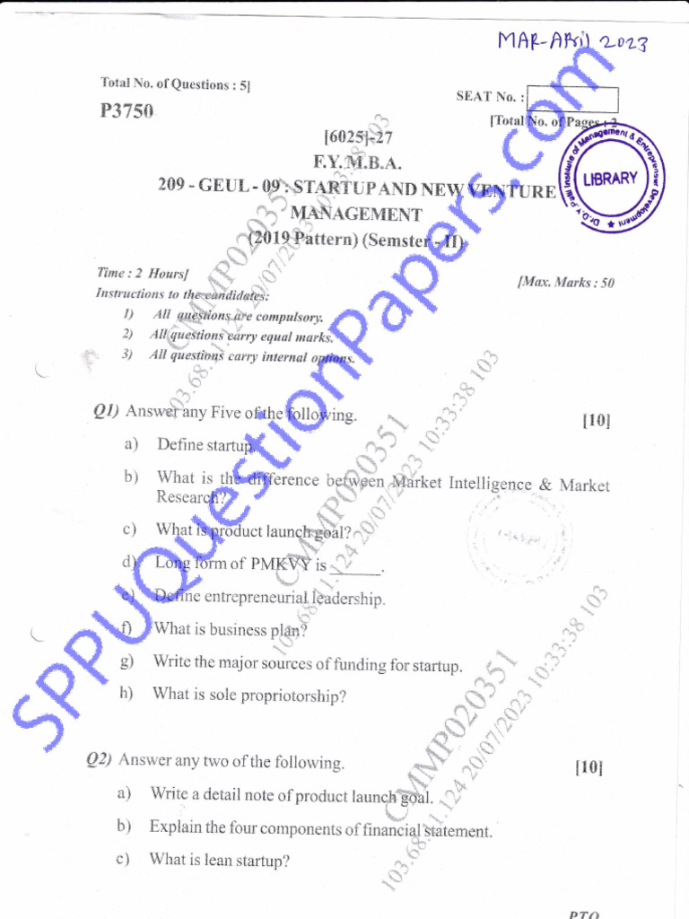 Postgraduate PG Mba Semester 2 2023 May Start Up and New Venture Management Pattern 2019 | PDF