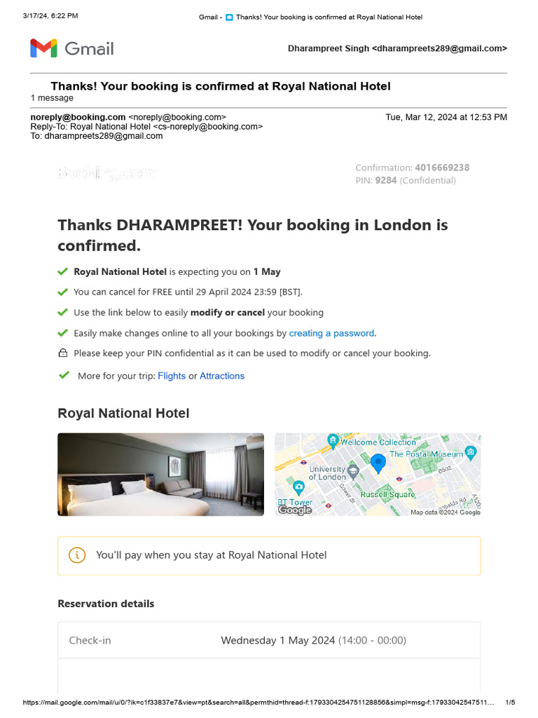 Gmail - ? Thanks! Your Booking Is Confirmed at Royal National Hotel ...