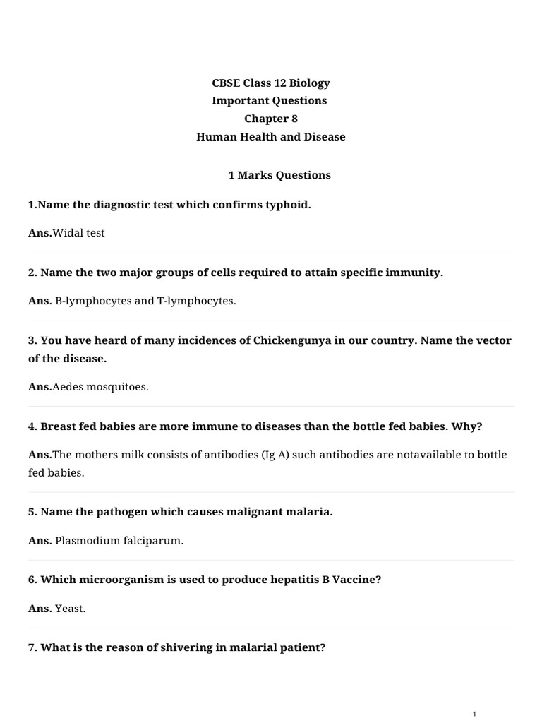 Importnat Questions, Human Health and Diseases Class 12 | PDF ...