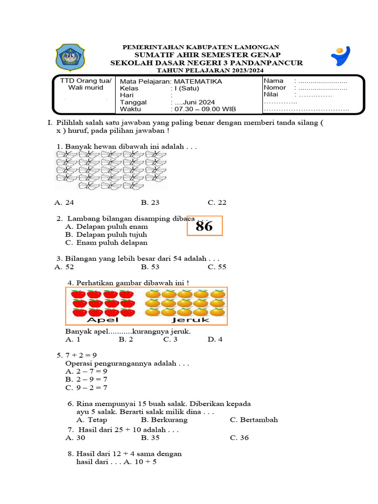 SOAL Bu Wiwin MATEMATIKA KELAS 1 SAS GENAP FIX | PDF | Metode & Bahan Ajar
