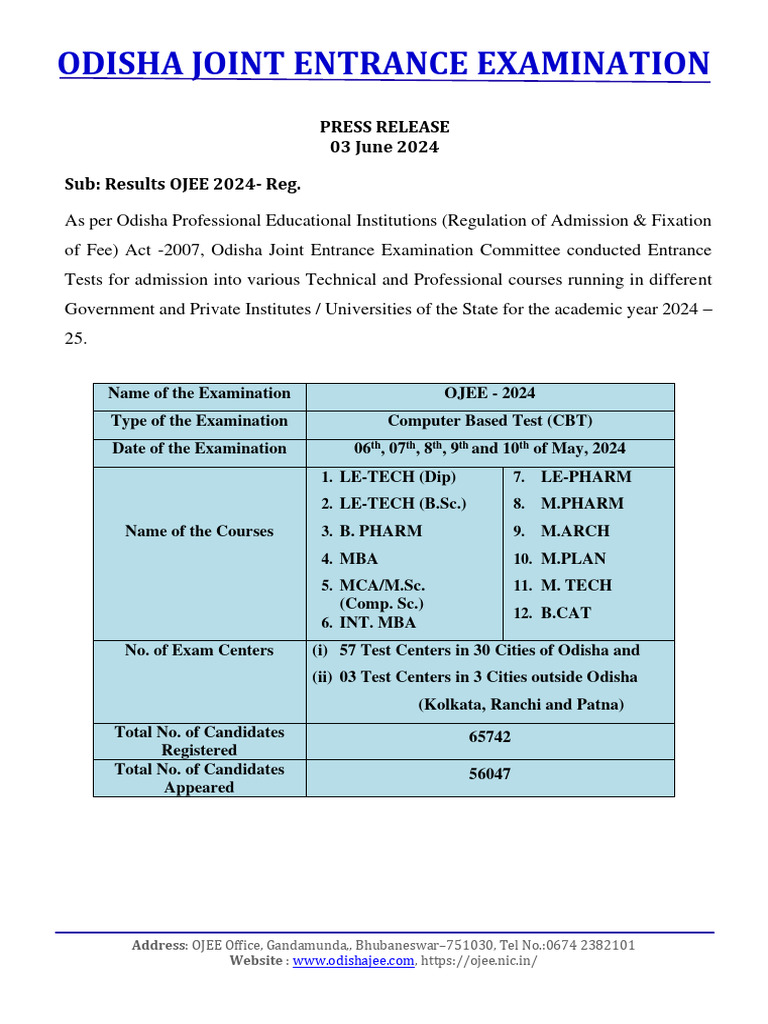 Odisha Joint Entrance Examination: Press Release 03 June 2024 Sub: Results OJEE 2024-Reg | PDF ...