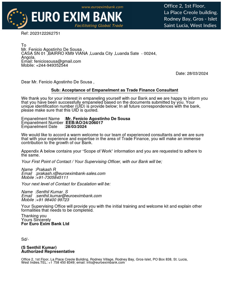 Welcome Letter | PDF | Banks | Letter Of Credit