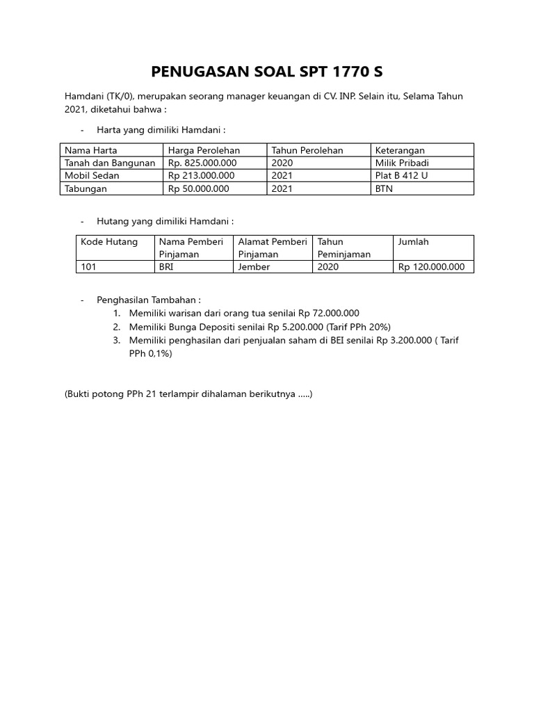 Penugasan Soal SPT 1770 S | PDF | Pengelolaan Keuangan & Uang | Hukum