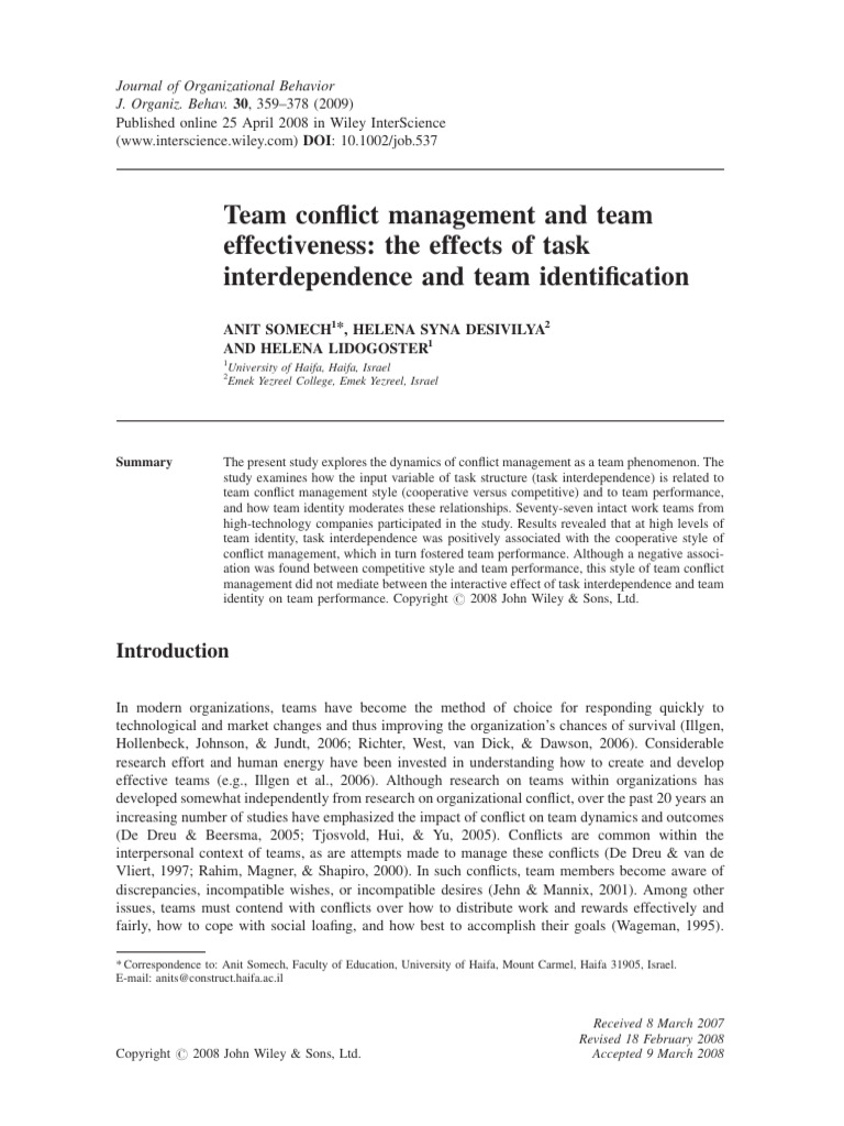 J Organ Behavior - 2008 - Somech - Team Conflict Management and Team ...