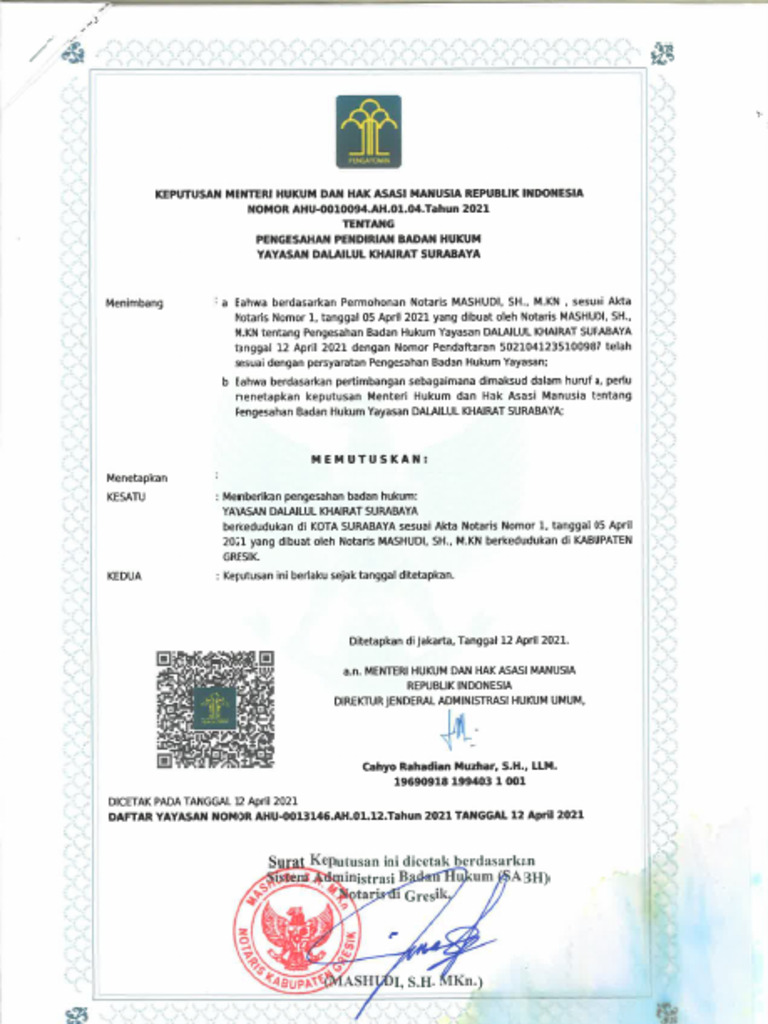 7. Pengesahan Menhumkam Dan Akta Yayasan | PDF