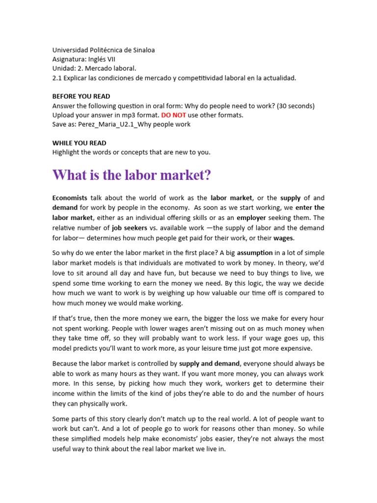 U2.TASK 1 - Labor Market - What It Is - Speaking and Reading | PDF | Labour Economics | Business