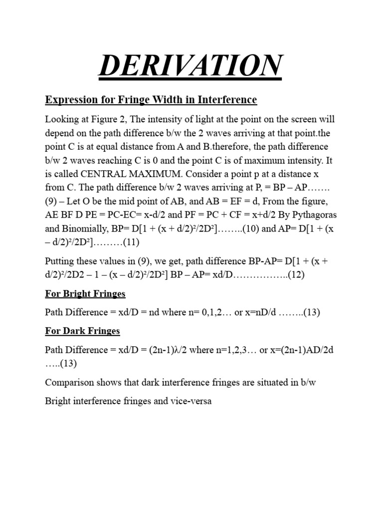 Derivation: Expression For Fringe Width in Interference | PDF