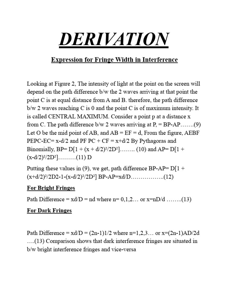 Derivation: Expression For Fringe Width in Interference | PDF