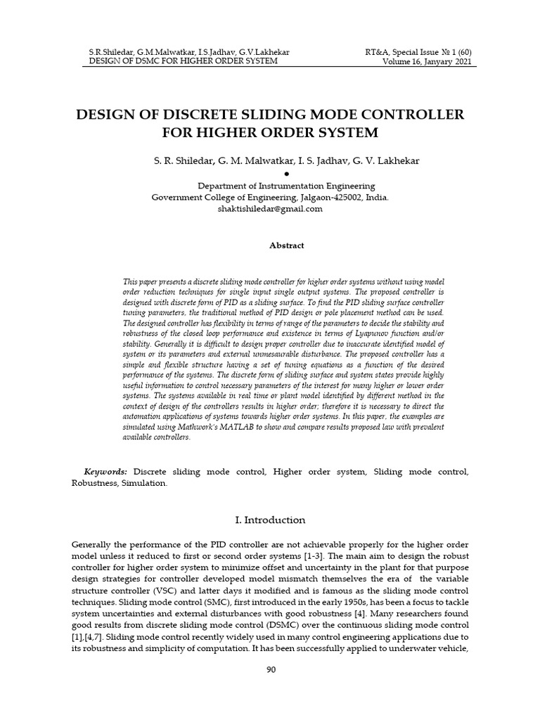 Design Of Discrete Sliding Mode Controller For Higher Order System Pdf Control Theory