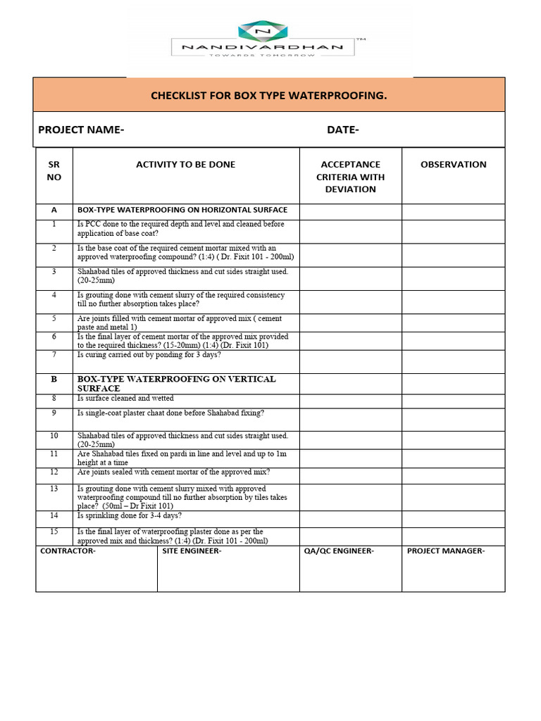Checklist For Box Type Waterproofing | PDF