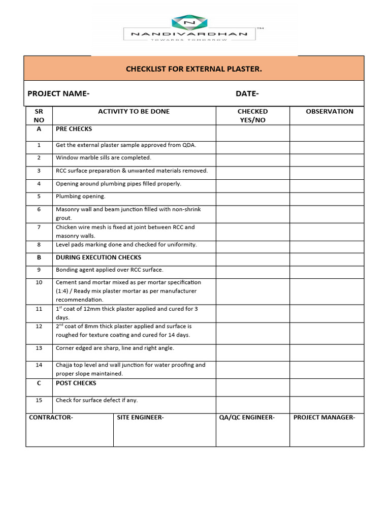 Checklist for External Plaster | PDF