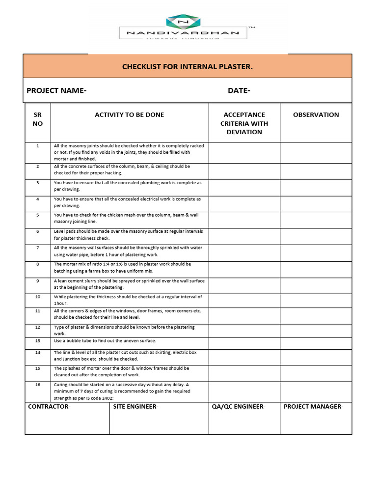 Internal Plastering Work Checklist | PDF | Plaster | Masonry