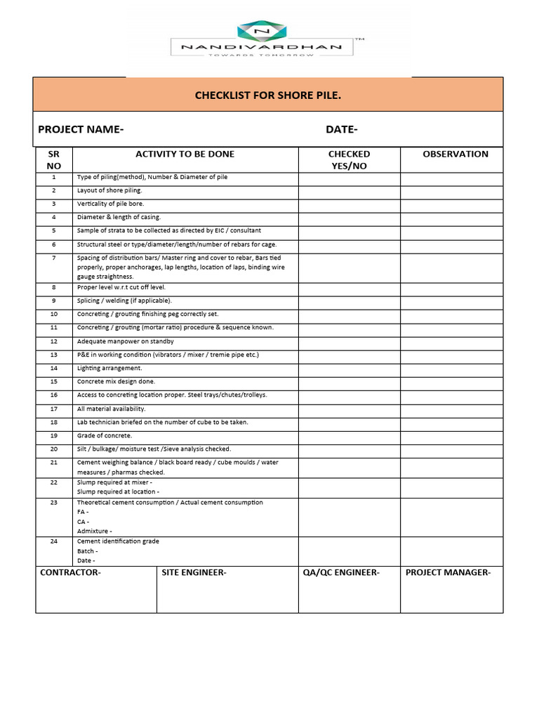 Checklist For Shore Pile | PDF