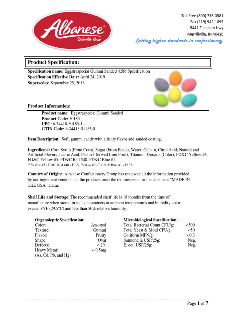 Product Specification:: Setting Higher Standards in Confectionery | PDF ...