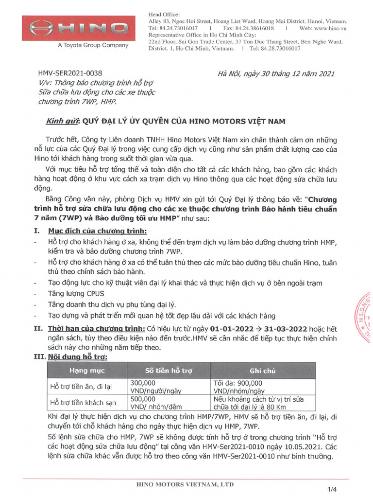Công Văn H TR S A CH A Lưu Đ NG Cho Các Xe Thu C 7WP, HMP - Letter For Support Onsite 7WP, HMP ...