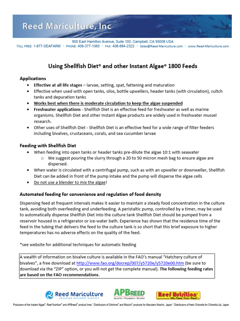 Product Shellfish Diet 1800 Use Info | PDF | Bivalvia | Shellfish