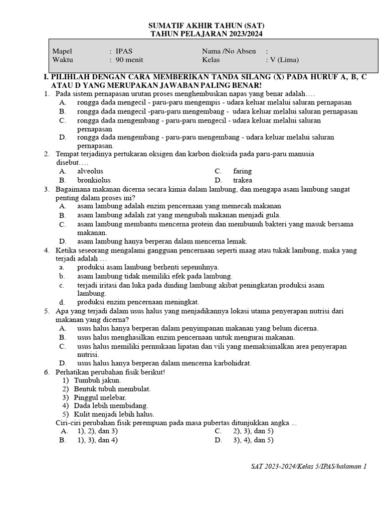 Soal Sat Ipas Kelas 5 | PDF