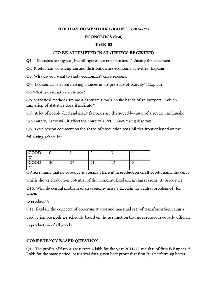Grade 11 Holiday Homework: Economics Tasks | PDF | Statistics | Economics