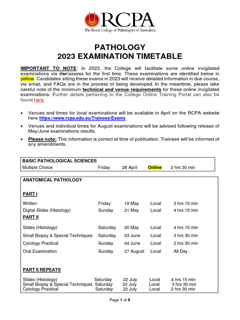 2023-Examination-Timetable-Final-Version RCPA | PDF | Pathology | Biology