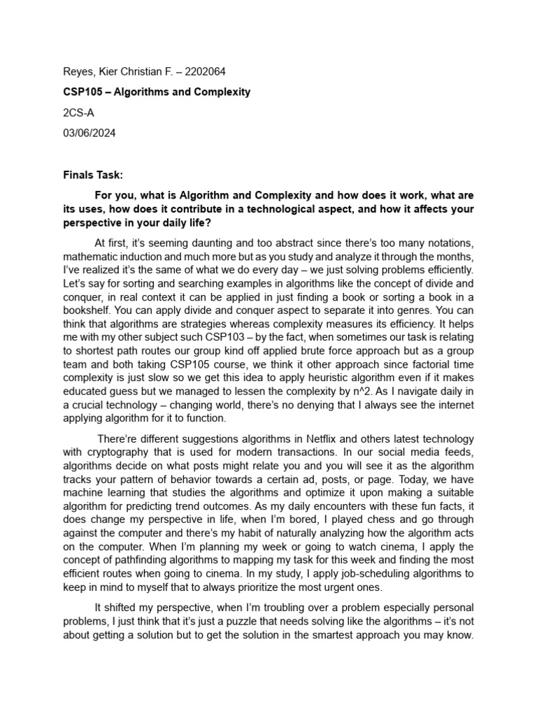 Reyes Kier Christian Csp105 Finals Quiz Pdf Computational Complexity Theory Algorithms
