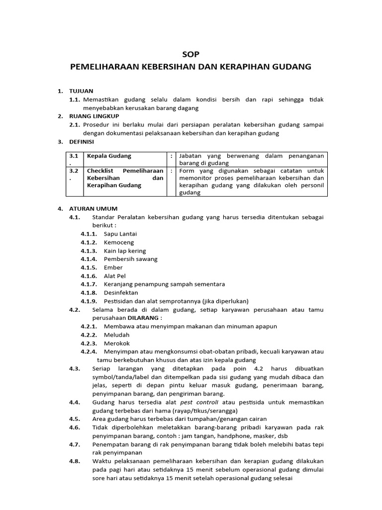Sop Pemeliharaan Kebersihan Dan Kerapihan Gudang | PDF | Sains ...