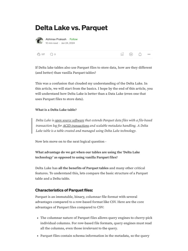 Delta Lake vs. Parquet. If Delta Lake Tables Also Use Parquet - by ...